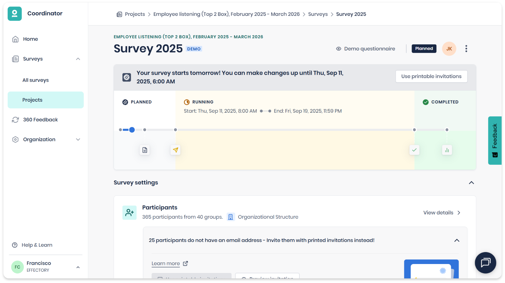 View your survey timeline and demo questionnaire